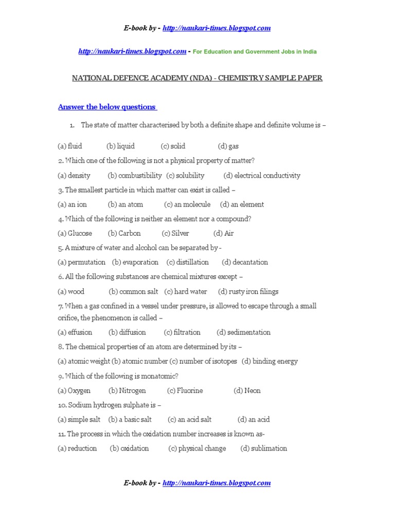 National Defence Academy (NDA) - Chemistry Paper | PDF | Carbon ...