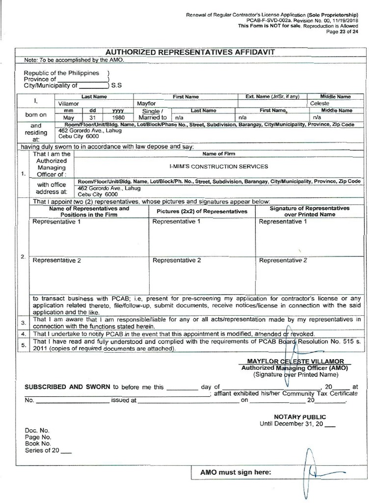 Authorized Representatives Affidavit | PDF | Affidavit | Private Law