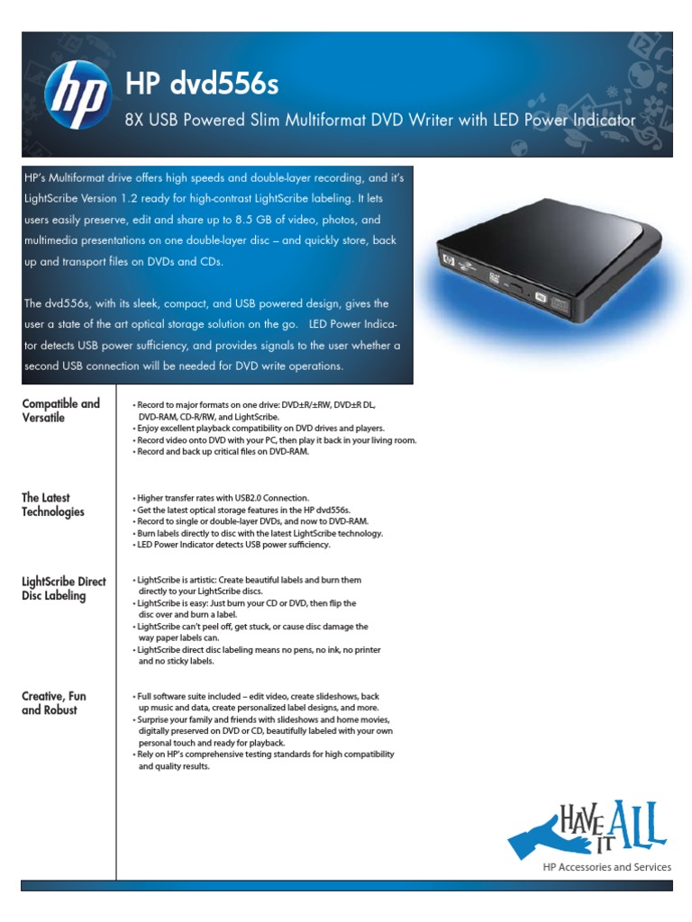 HP dvd556s: 8X USB Powered Slim Multiformat DVD Writer With LED Power ...
