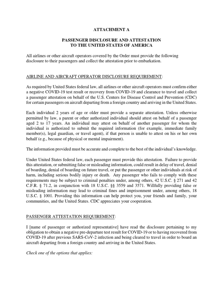 COVID-19 Travel Attestation Form | PDF | Centers For Disease Control ...