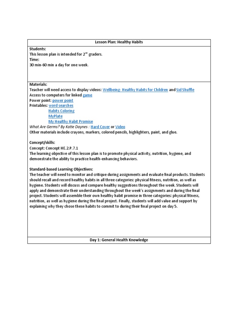 Lesson Plan: Healthy Habits Students: Time | PDF | Physical Fitness ...
