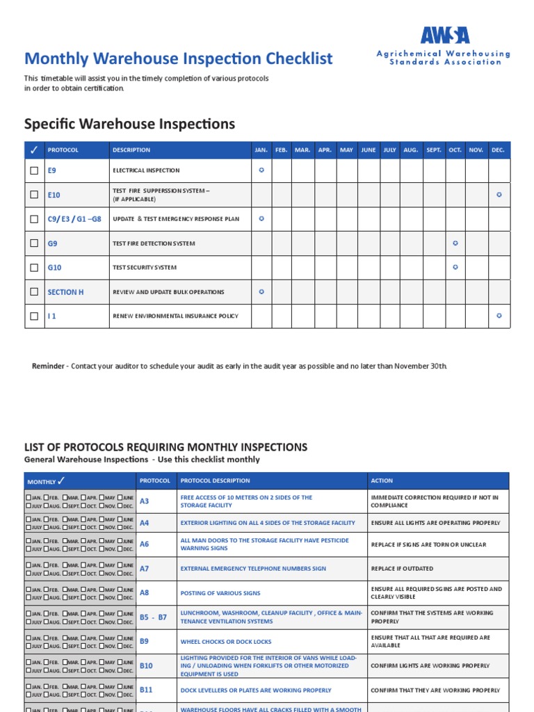 Monthly Warehouse Inspection Checklist | PDF | Fire Safety | Warehouse