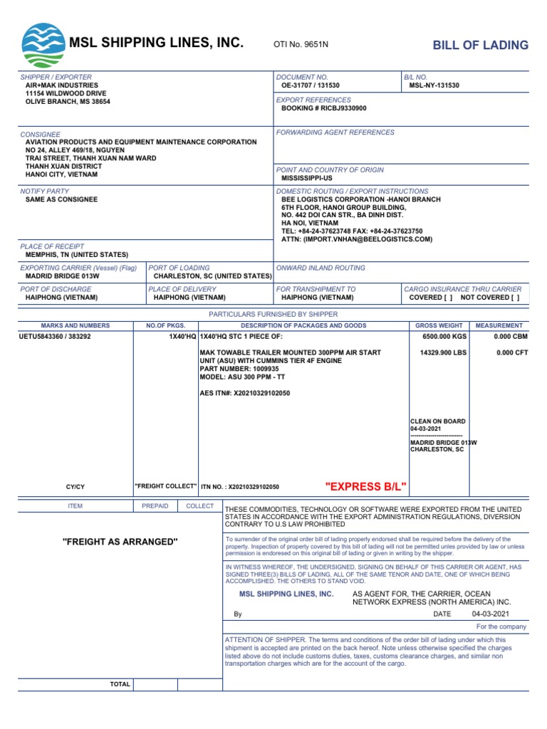 House Set (Hbl#msl-Ny-131530) | PDF | Cargo | Bill Of Lading