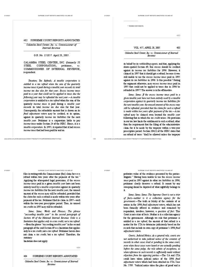 Calamba Steel Center Inc Vs CIR GR151857 | PDF | Tax Refund | Income ...