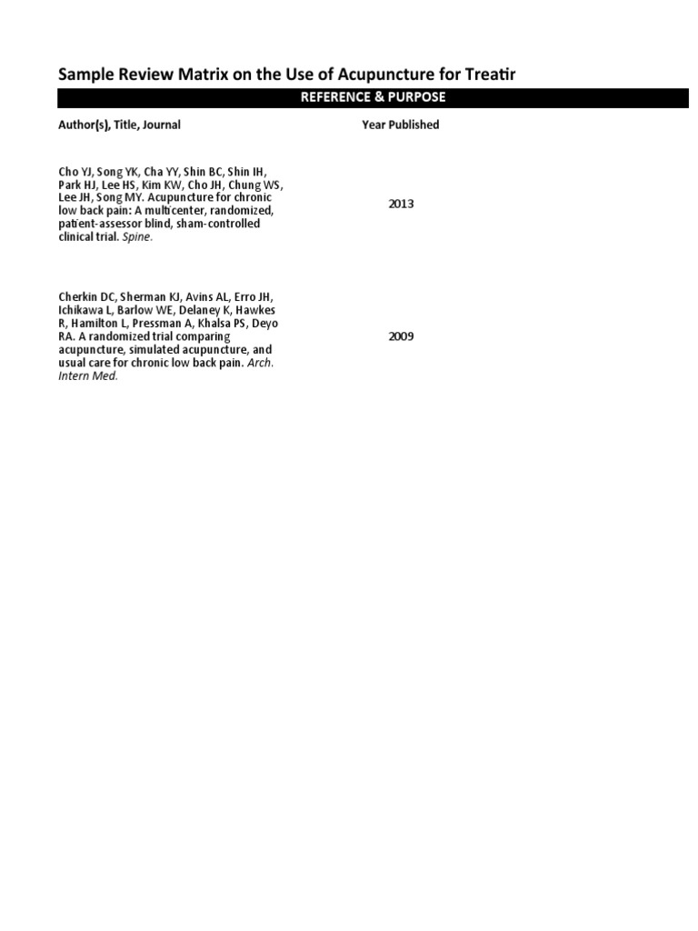 Sample Review Matrix On The Use of Acupuncture For Treating Chronic ...