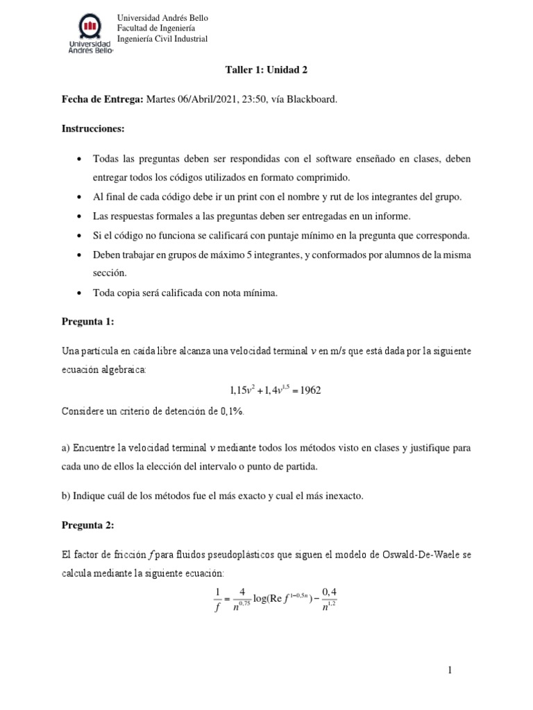 Taller 1 Metodos Numericos | PDF | Física | Enseñanza de matemática