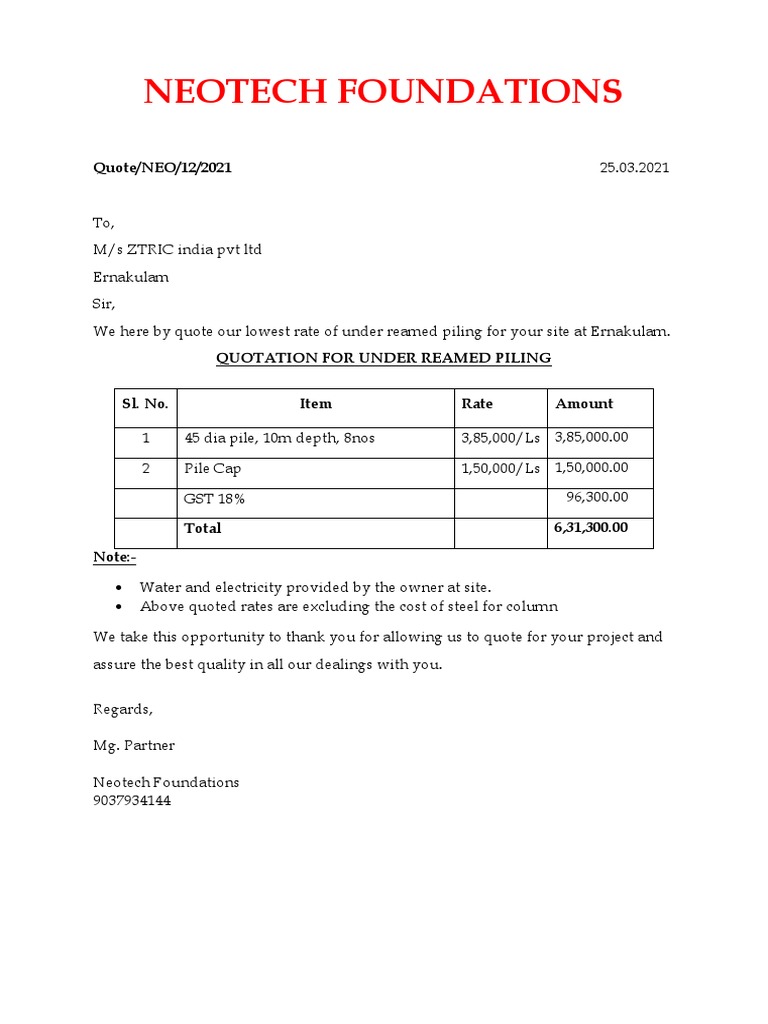 Quotation for Under Reamed Piling | PDF | Home & Garden | Technology ...