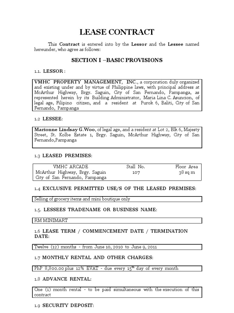 Lease Contract: Section I - Basic Provisions | PDF | Lease | Business Law