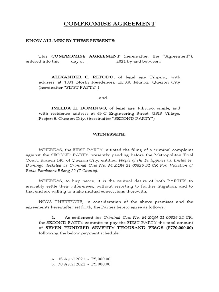 Compromise Agreement: Know All Men by These Presents | PDF | Lawsuit ...