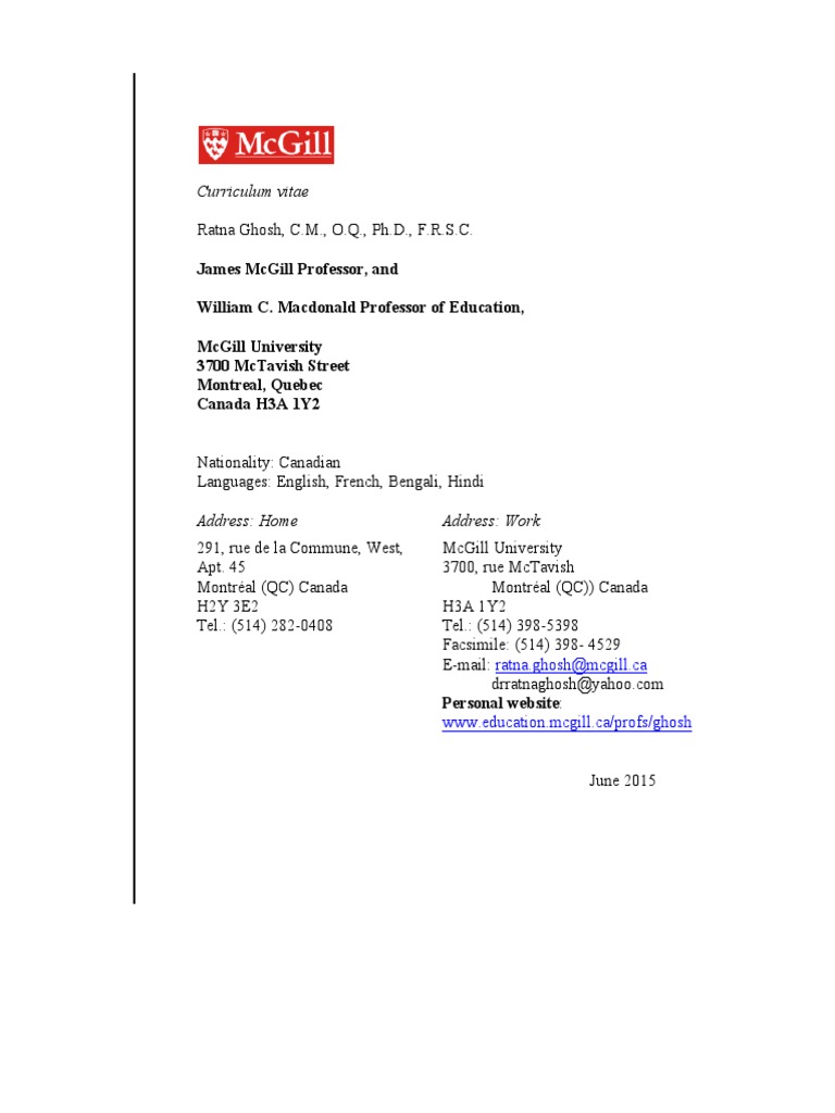 Ratna Ghosh Cv-June 2015 0 | PDF | Multiculturalism | Canada