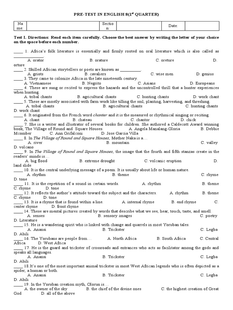 Pre-Test in English 8 (1 Quarter) | PDF | Poetry