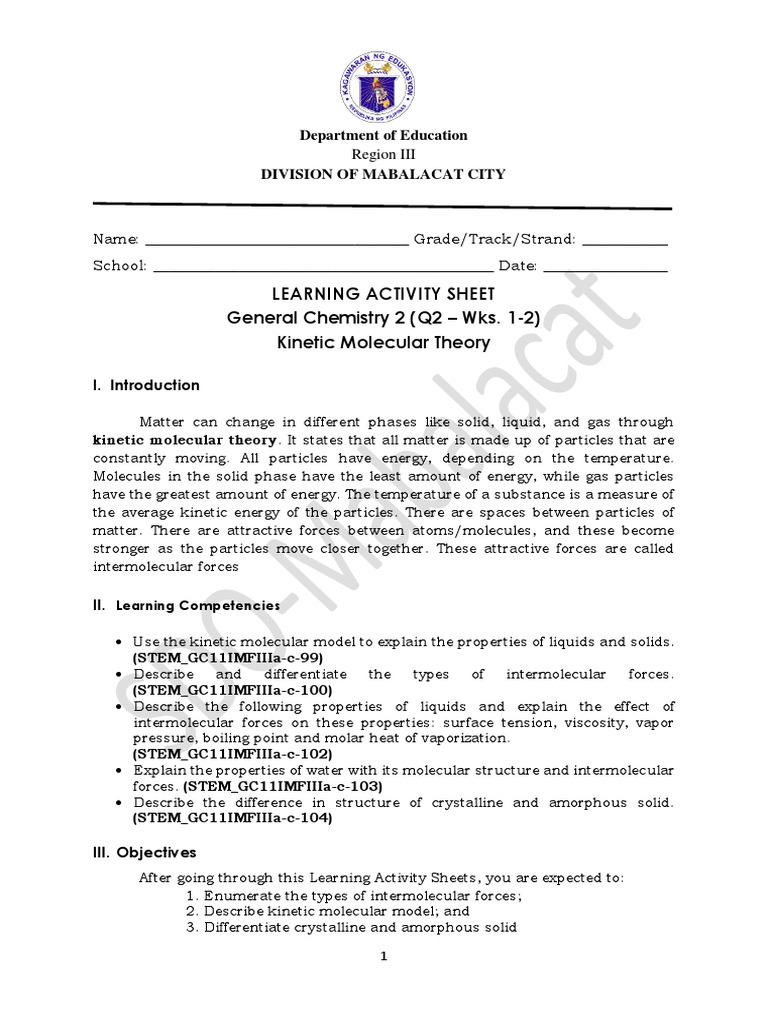 Learning Activity Sheet General Chemistry 2 (Q2 - Wks. 1-2) Kinetic ...
