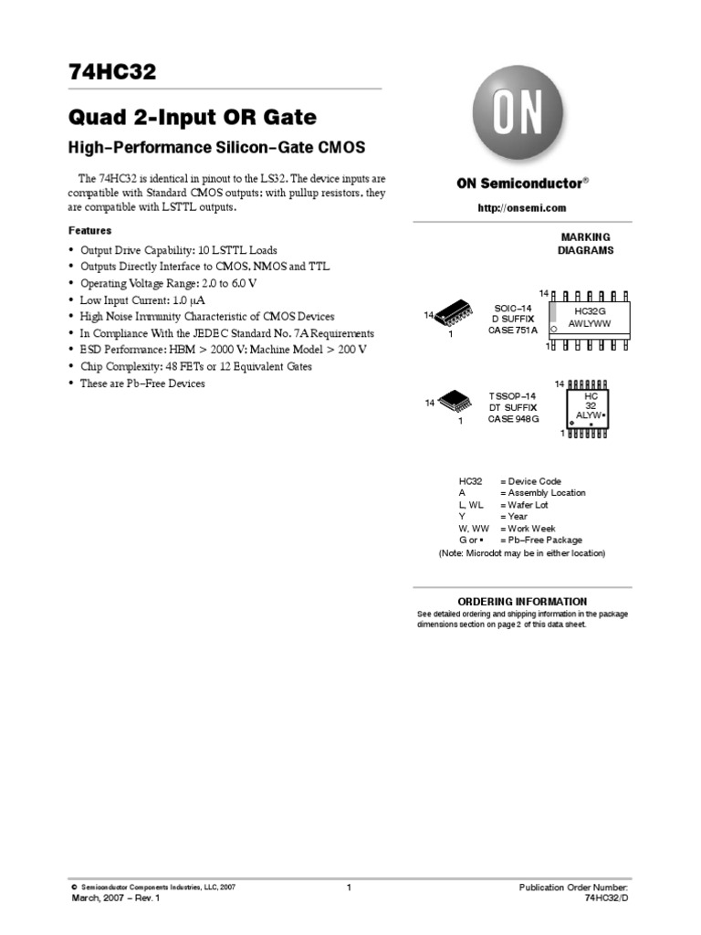 74HC32 Quad 2 Input OR Gate: High Performance Silicon Gate CMOS | PDF ...