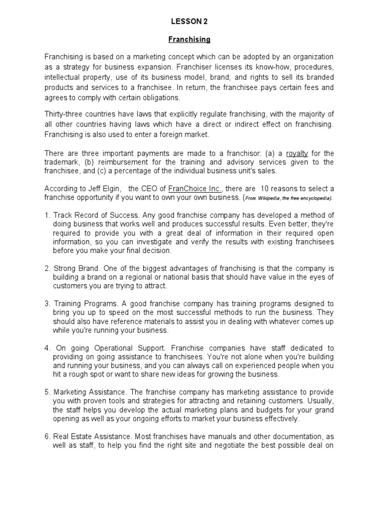 Lesson 2 Franchising | PDF | Franchising | Business