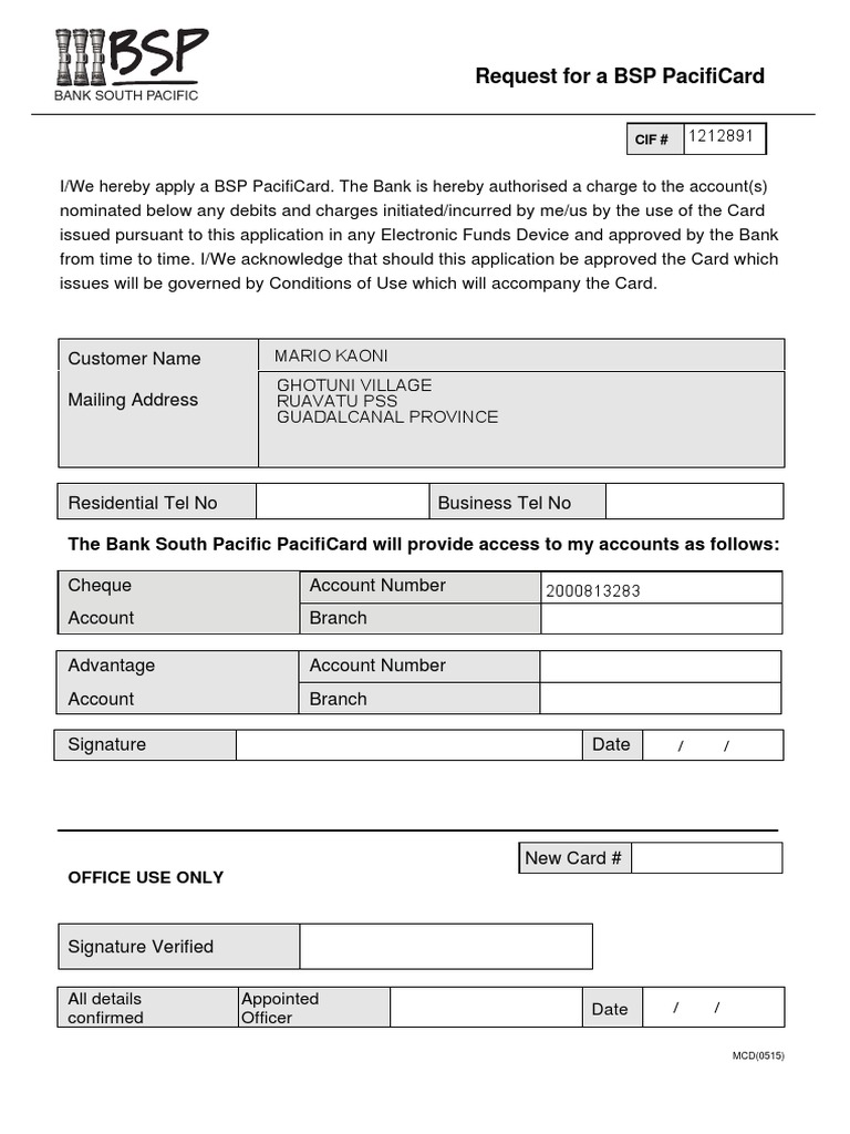 Request For A BSP Pacificard: Customer Name Mailing Address | PDF