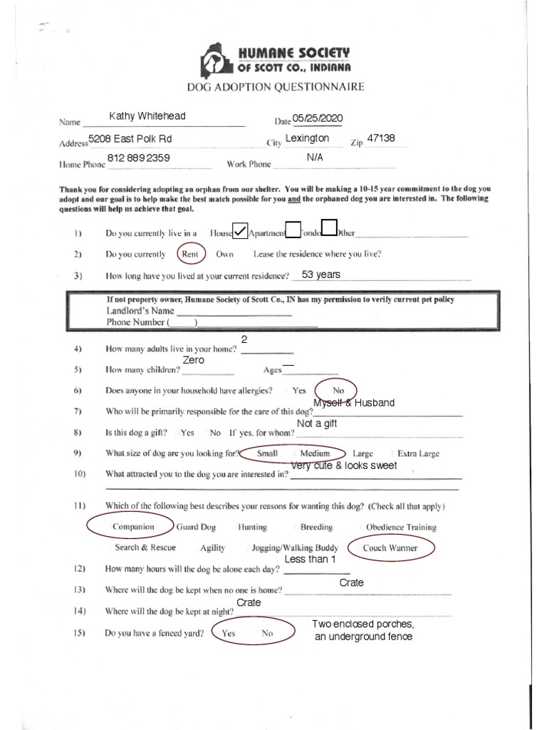 Humane Society: Dog Adoption Questionnaire | PDF | Neutering | Pet
