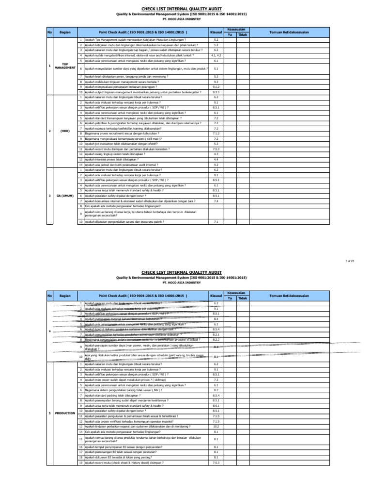 Check List Audit QEMS | PDF