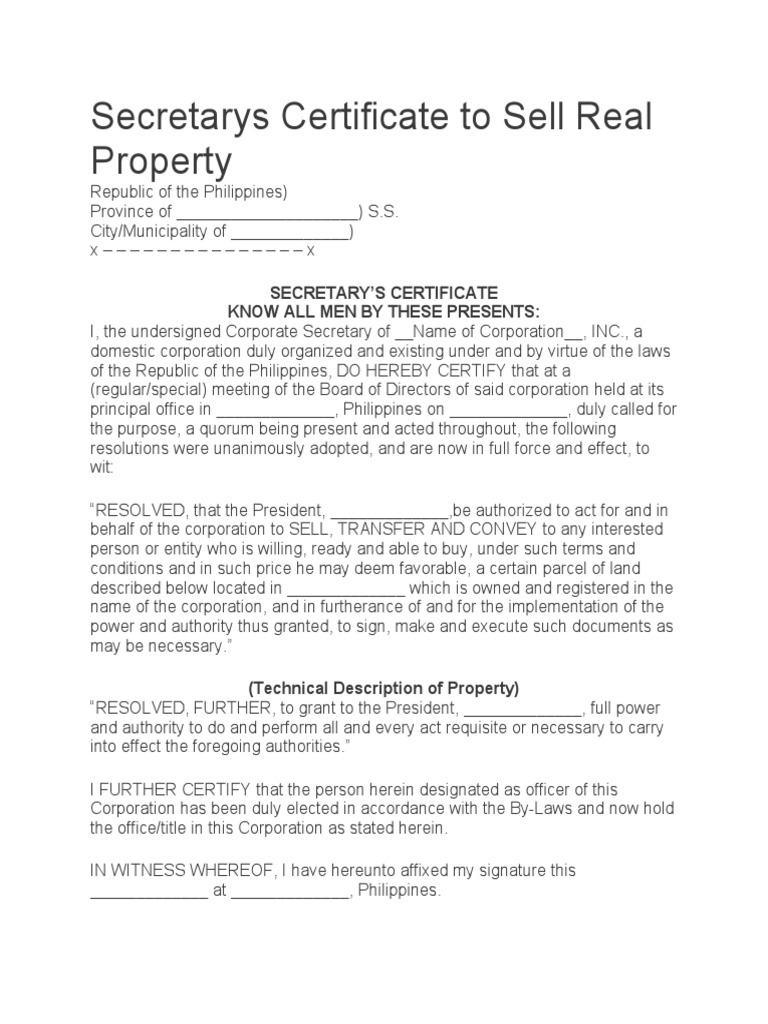 Secretarys Certificate To Sell Real Property | PDF | Business | Law