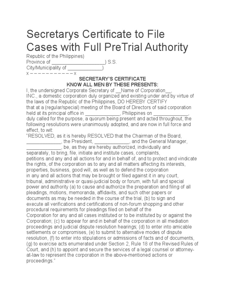Secretarys Certificate To File Cases With Full PreTrial Authority | PDF ...