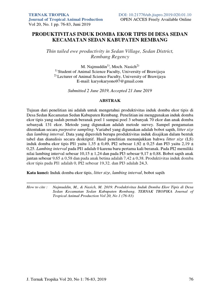 Produktivitas Induk Domba Ekor Tipis Di Desa Sedan | PDF