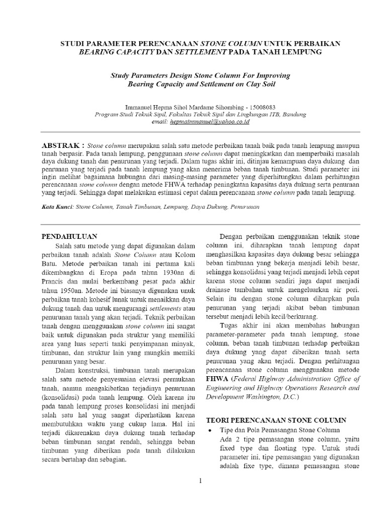 STUDI PARAMETER PERENCANAAN STONE COLUMN UNTUK PERBAIKAN BEARING CAPACITY DAN SETTLEMENT PADA ...