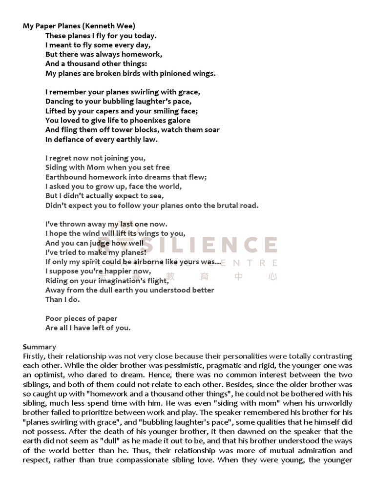 My Paper Planes (Kenneth Wee) - Summary & Analysis | PDF