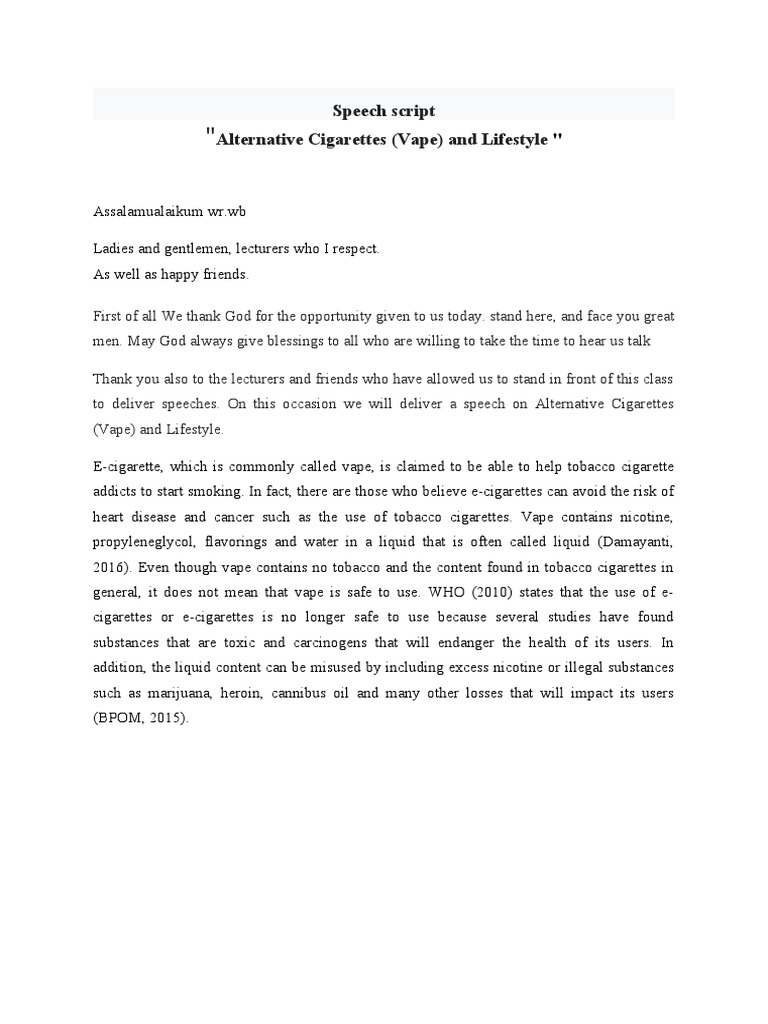 Speech Script Alternative Cigarettes (Vape) and Lifestyle | PDF ...