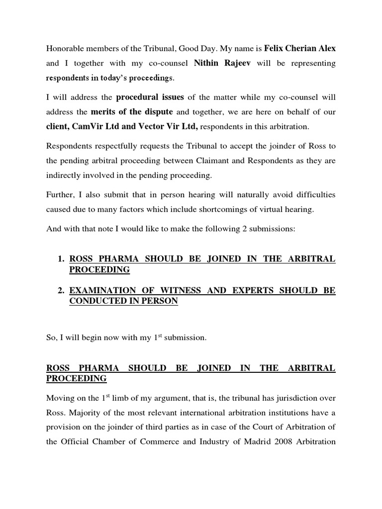 Arguments Notes - (Issue 1 & 2) | PDF | Arbitration | Witness