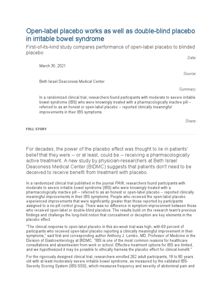 Open-Label Placebo Works As Well As Double-Blind Placebo in Irritable ...