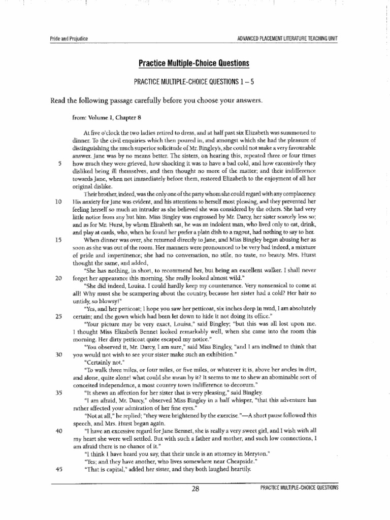 Pride and Prejudice AP Multiple Choice Practice | PDF