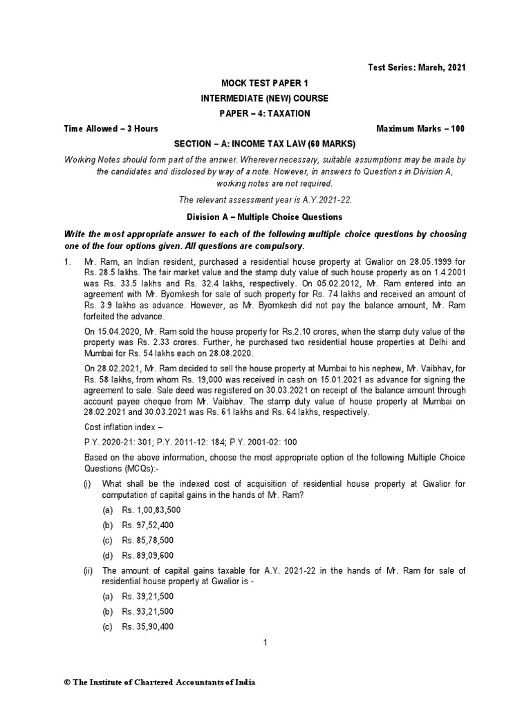 Test Series: March, 2021 Mock Test Paper 1 Intermediate (New) Course ...