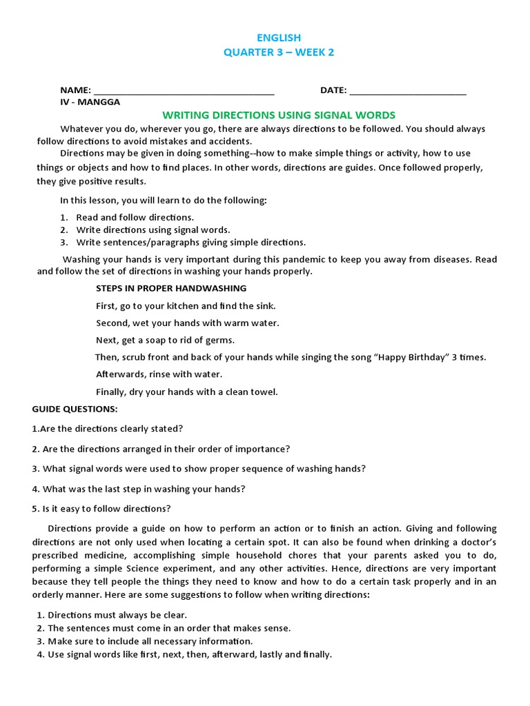 Writing Directions Using Signal Words: English Quarter 3 - Week 2 | PDF ...