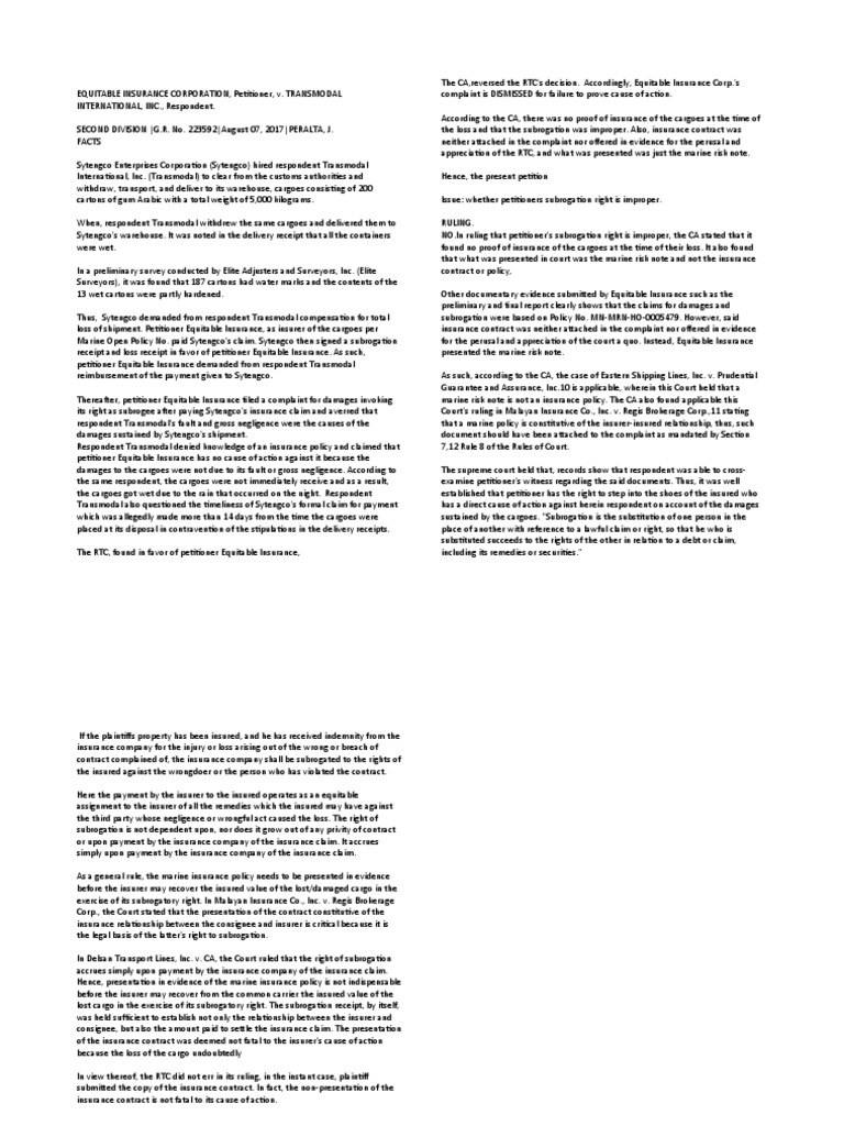Equitable Insurance v. Transmodal Case Summary | PDF | Subrogation ...