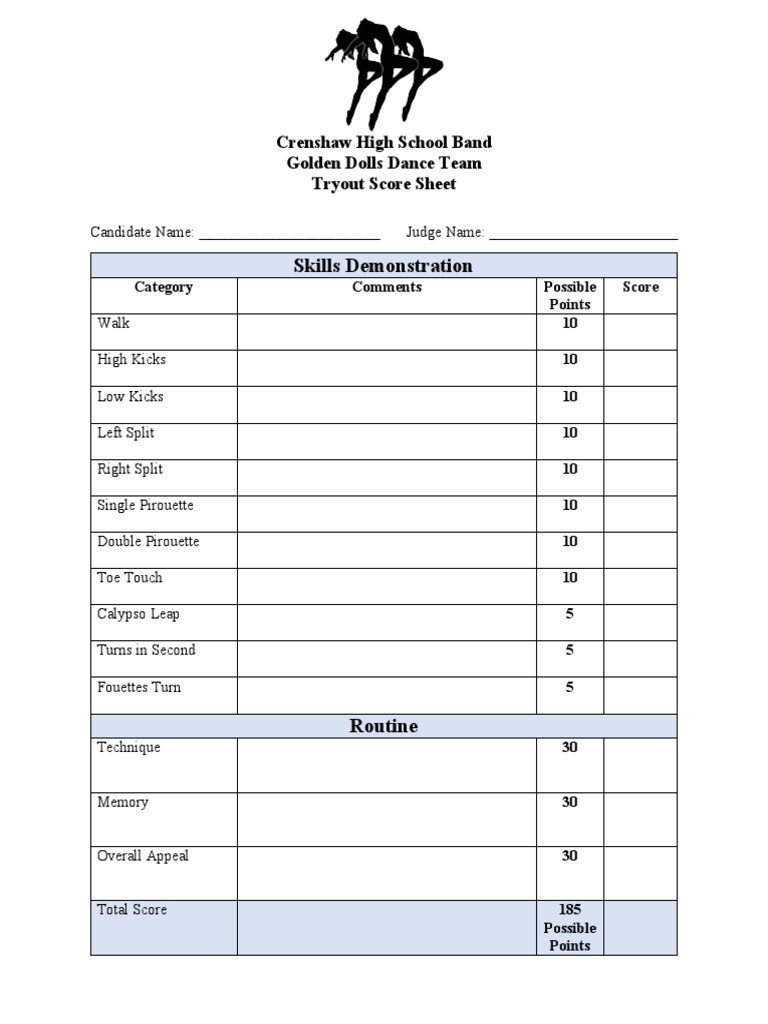Crenshaw Dance Team Tryout Score Sheet | PDF