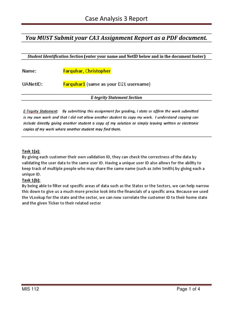 Case Analysis 3 Report: You MUST Submit Your CA3 Assignment Report As A ...