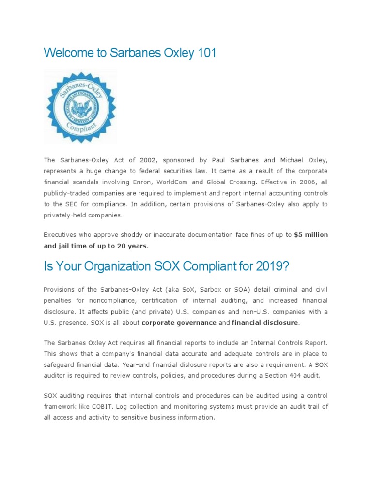 Welcome To Sarbanes Oxley 101: and Jail Time of Up To 20 Years | PDF ...