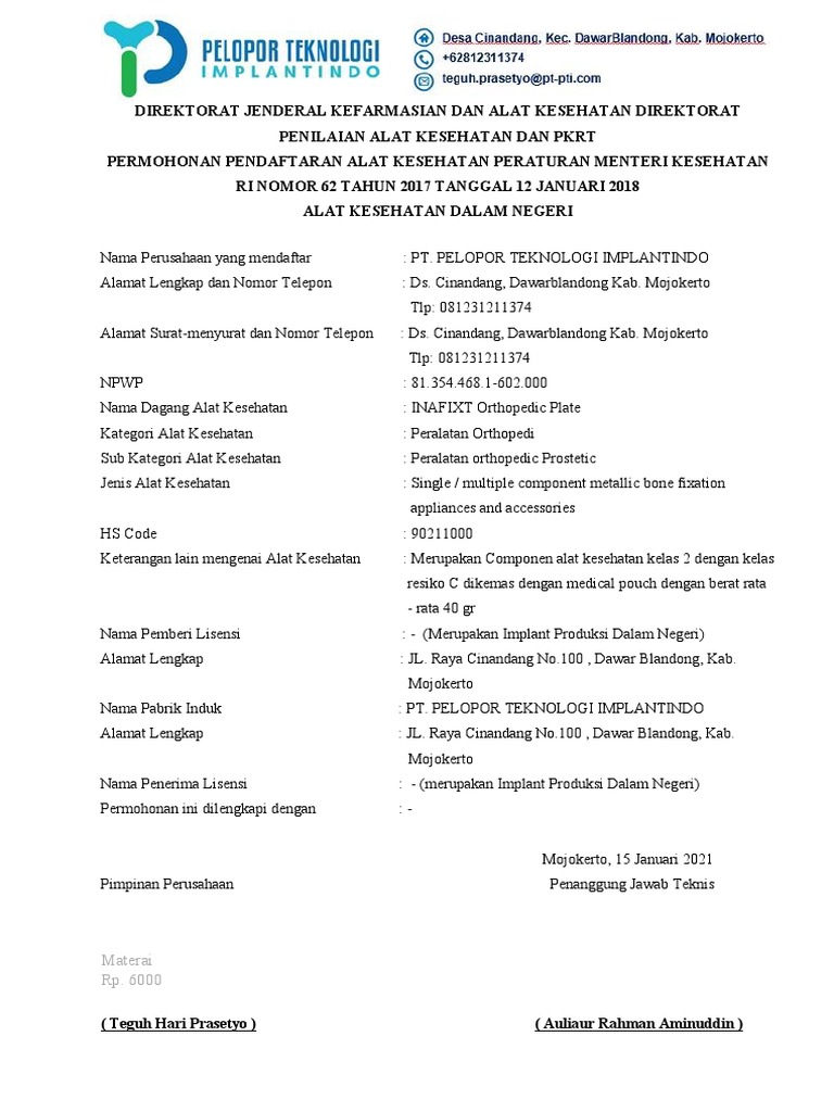 Surat Permohonan Ijin Edar Implant Titanium | PDF