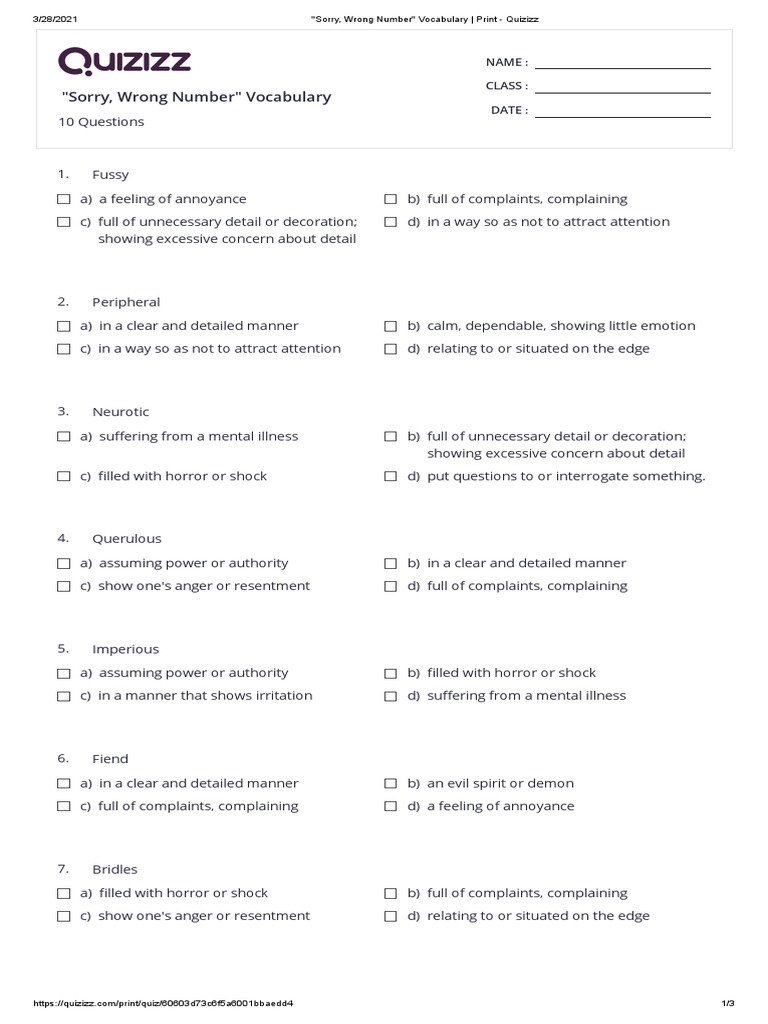 Sorry, Wrong Number - Vocabulary - Print - Quizizz | PDF | Metaphysics ...