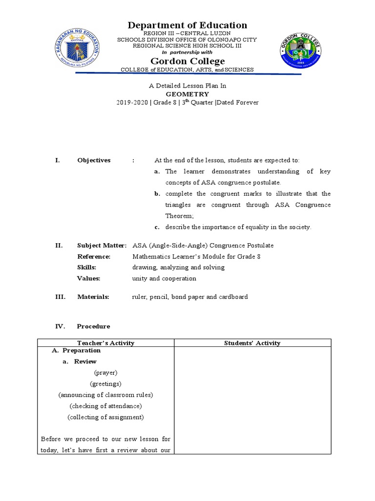 Dokumen - Tips Detailed Lesson Plan Sss Congruence Postulate | PDF ...