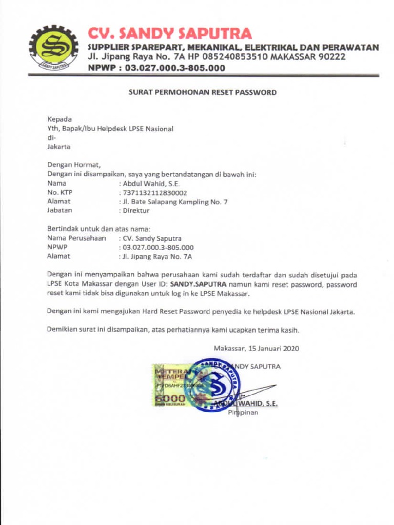 Surat Permohonan Reset Password | PDF