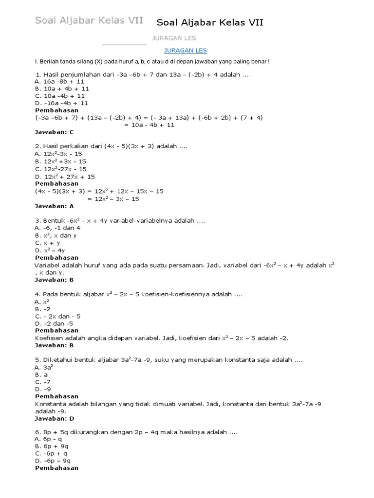 Soal Aljabar Kelas 7 SMP Dan Kunci Jawaban | PDF