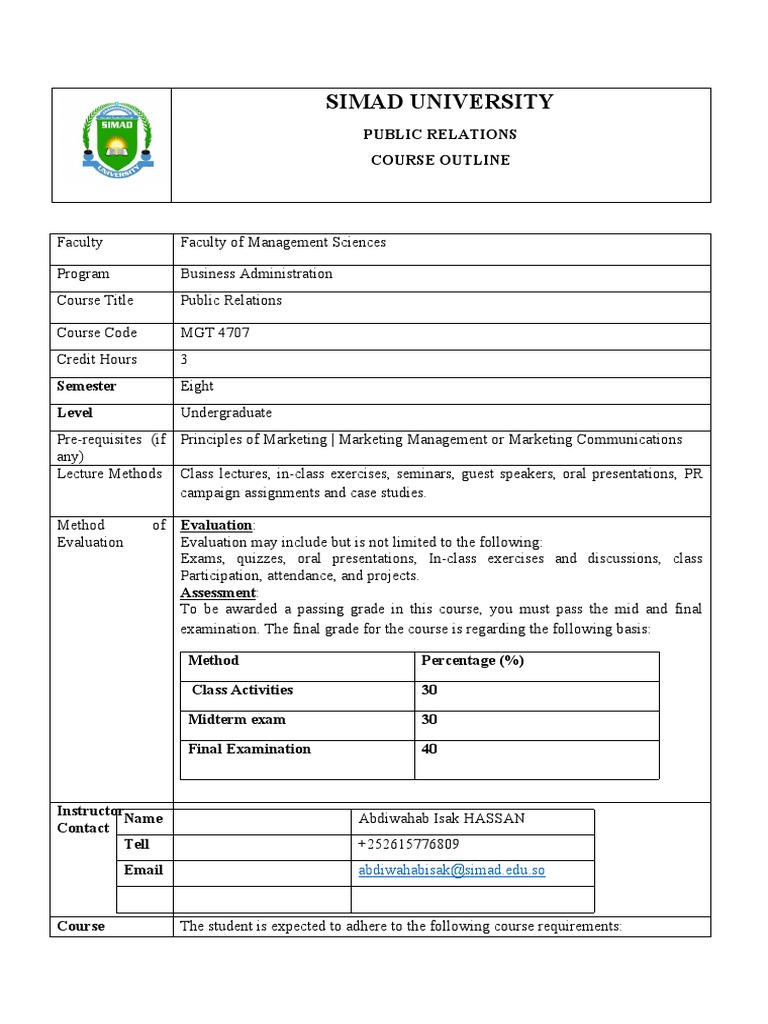 Simad University: Public Relations Course Outline | PDF | Public ...