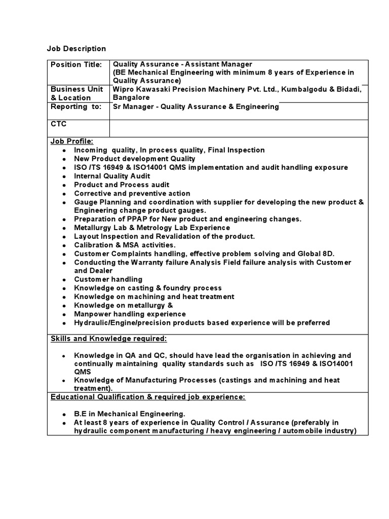 Job Description Quality Assurance - Asst Manager | PDF