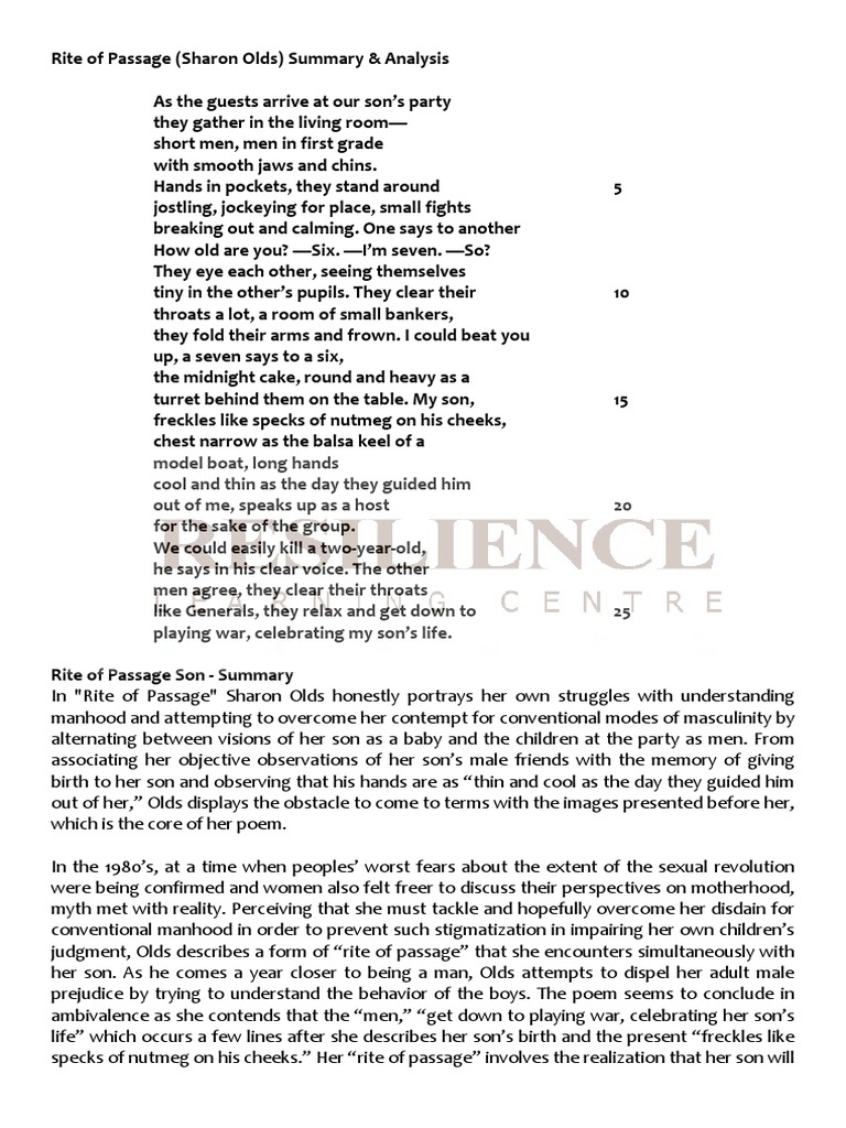 Rite of Passage (Sharon Olds) - Summary & Analysis | PDF | Masculinity ...