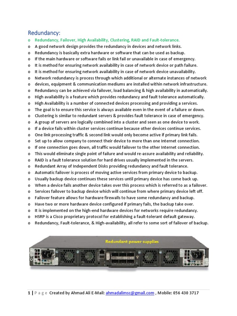 Redundancy:: o Redundancy, Failover, High Availability, Clustering, RAID and Fault-Tolerance ...