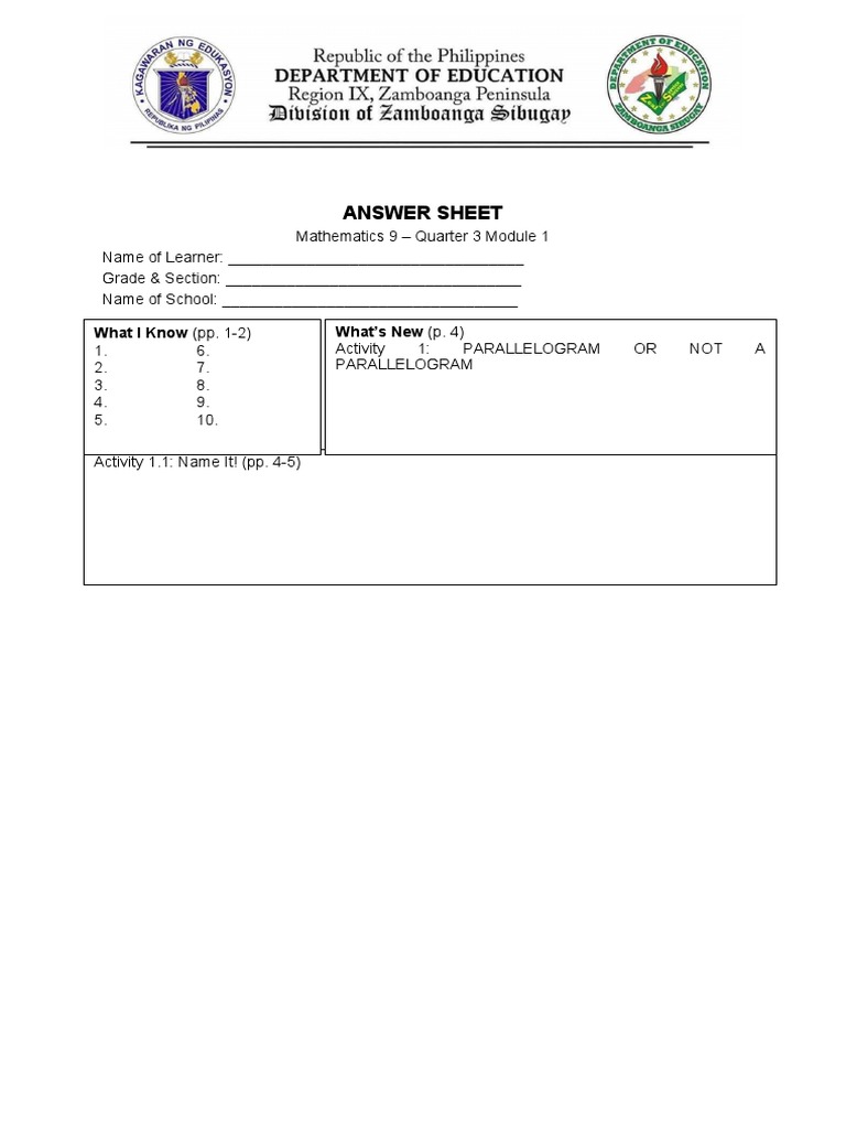 Mathematics 9 - Answer Sheet | PDF | Rectangle | Convex Geometry