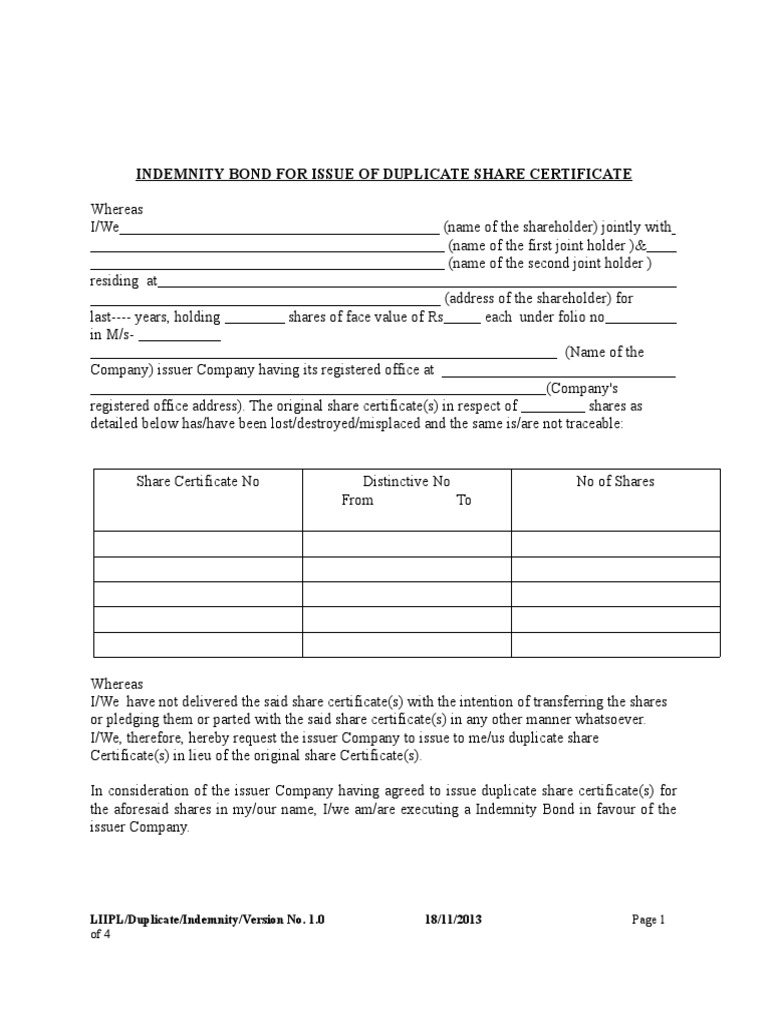 INDEMNITY BOND For Issue of Duplicate Share Certificate | PDF | Surety | Indemnity