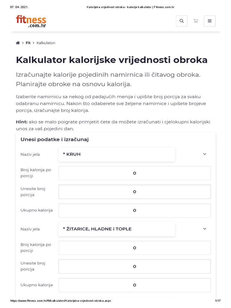Kalorijska Vrijednost Obroka - Kalorije Kalkulator - Fitness - Com.hr | PDF