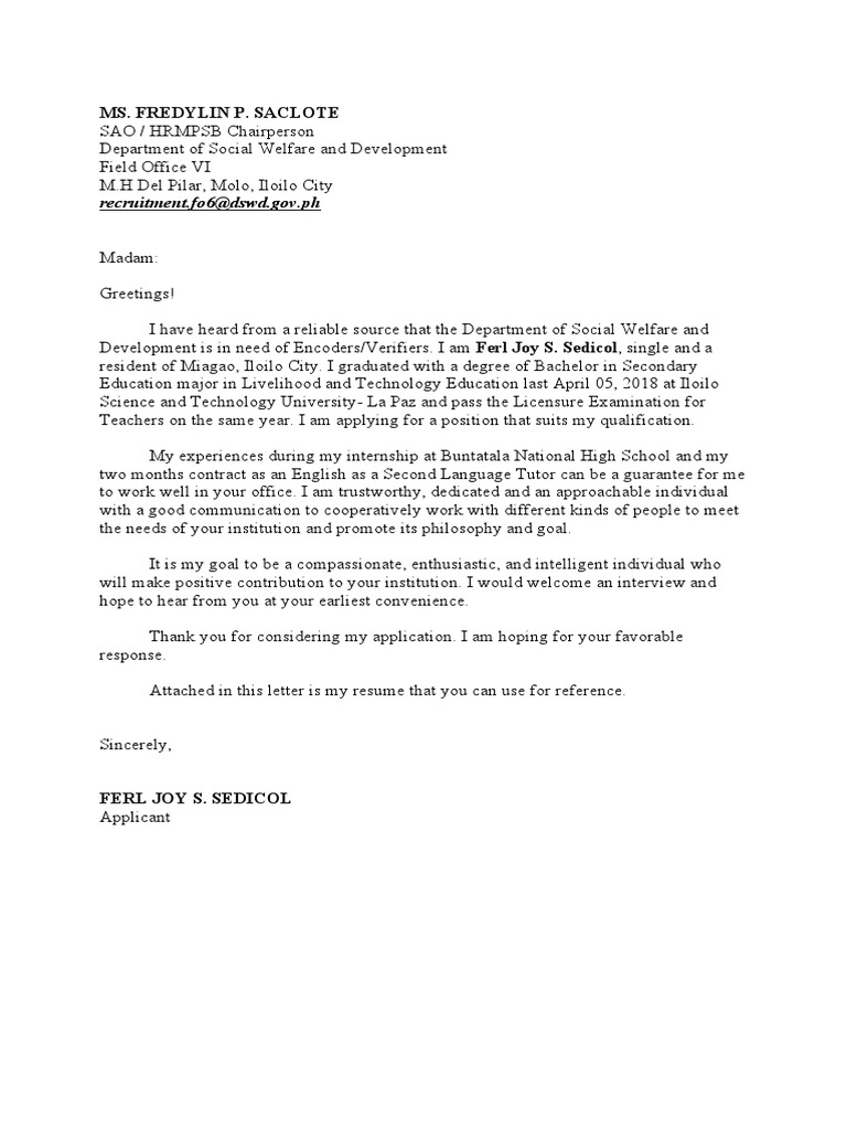 Recruitment - Fo6@dswd - Gov.ph: Ms. Fredylin P. Saclote | PDF