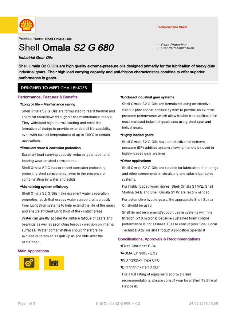 Shell Omala S2 G 680 Gear Oil Data | PDF | Gear | Chemistry